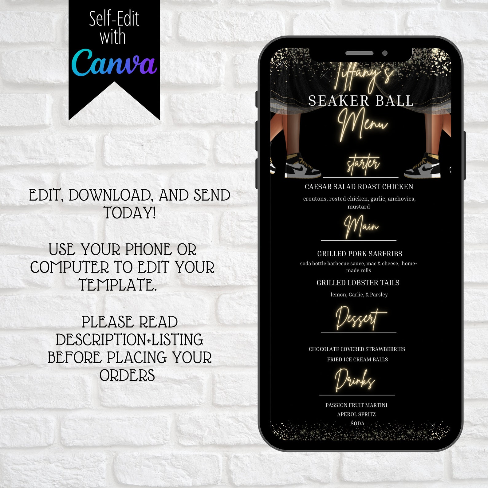 Editable Sneaker Ball Menu Card, Sneaker Gala Dinner and Drinks Menu ...