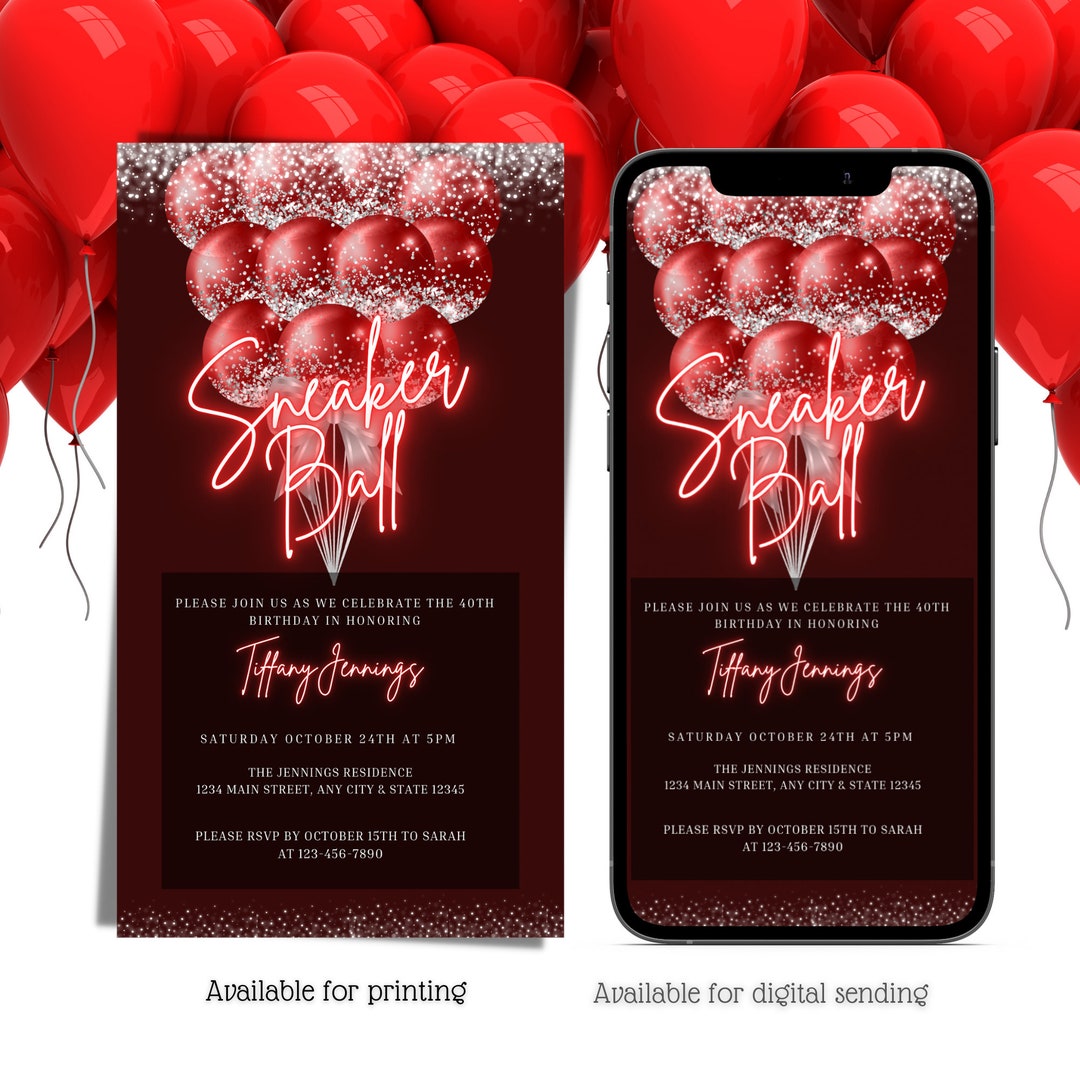 Electronic Sneaker Ball Invitation, Digital Neon Red and Silver ...