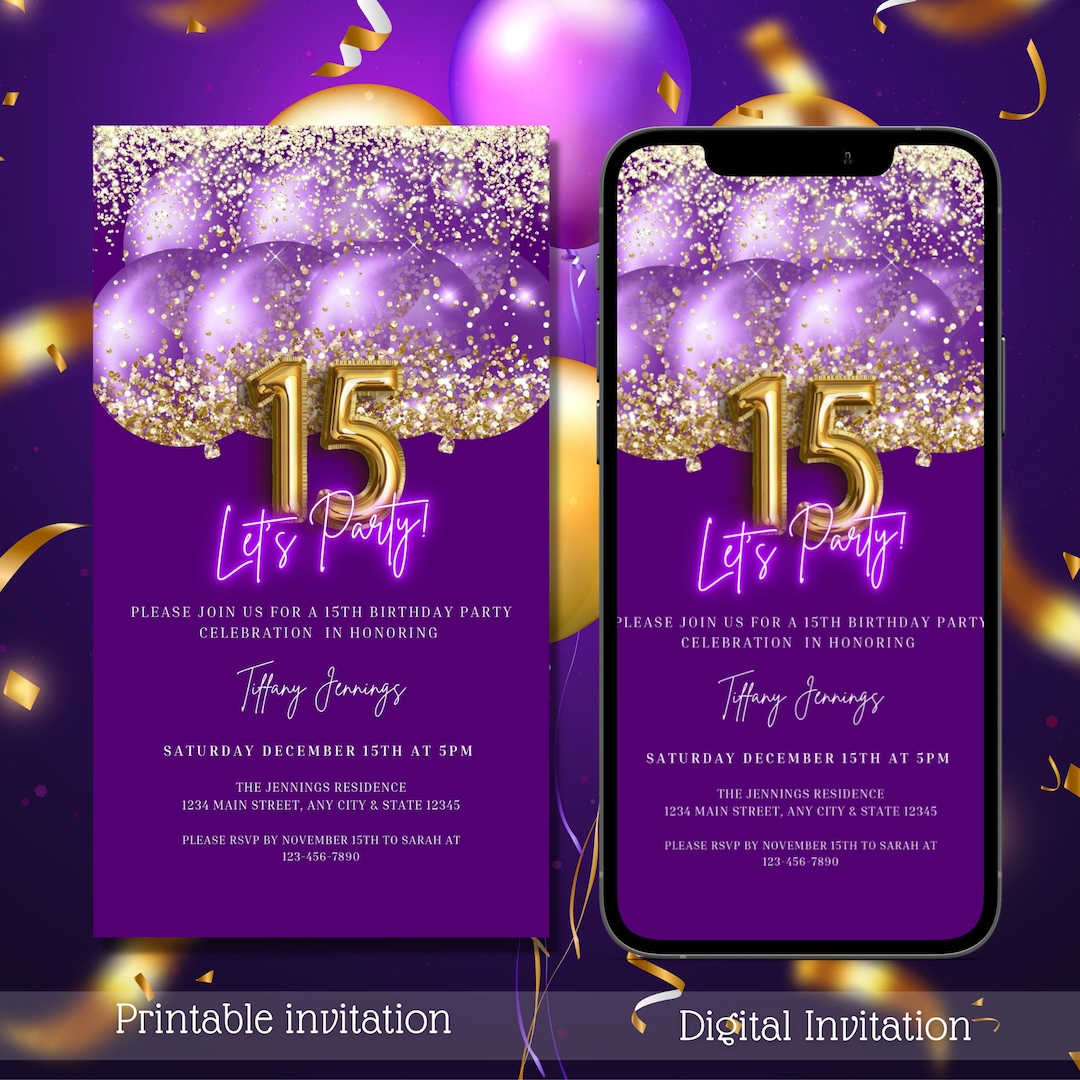 Digital 15th Birthday Party Invitation, Electronic Purple Gold Teens ...