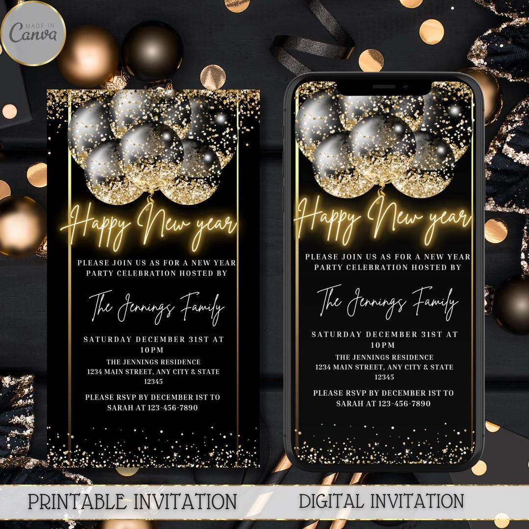 Digital Black Gold Balloons NYE Party Invitation, Electronic Happy New ...