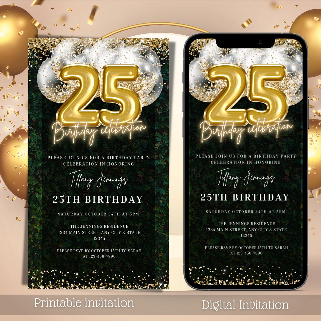 Digital 25th Birthday Invitation, Electronic Gold White Balloons ...