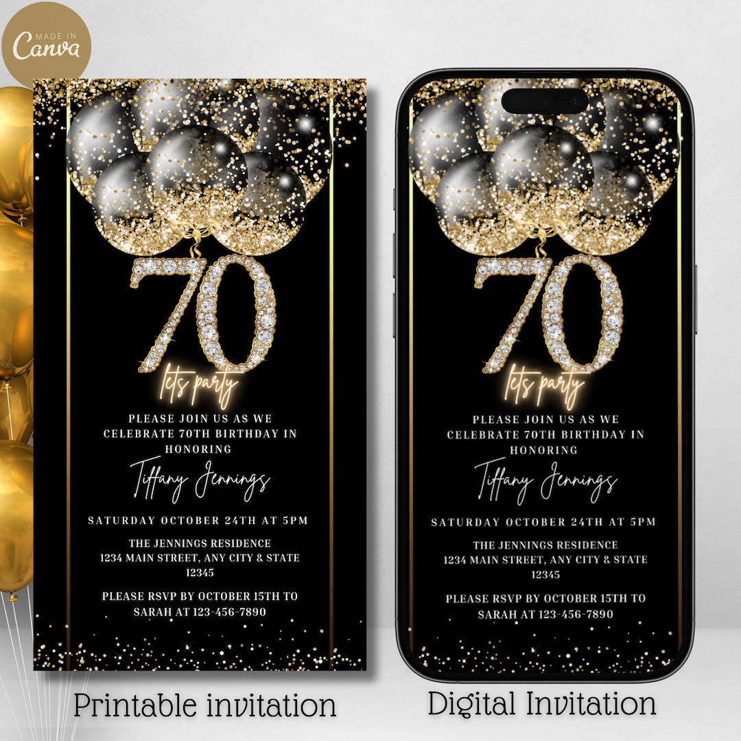 70th Digital Birthday Party Invitation, Electronic Diamond Black Gold ...