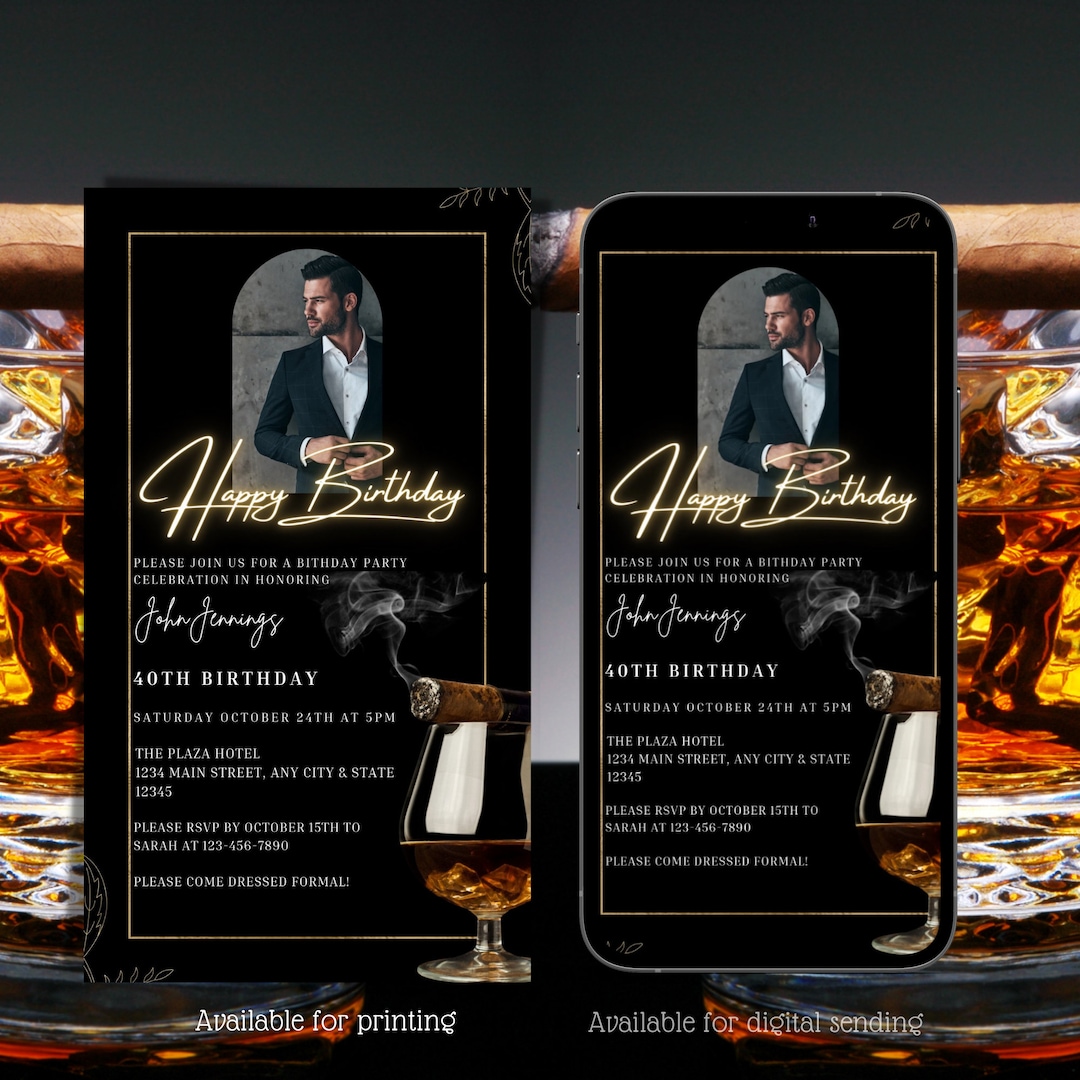 Digital Happy Birthday Invitation Electronic Masculine Black Gold