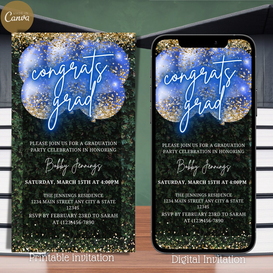 Digital Graduation Party Invitation, Electronic Neon Blue Gold Greenery ...