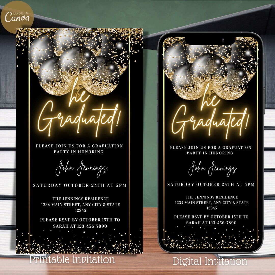 Electronic Men's Graduation Party Invitation, Digital Graduation Black ...