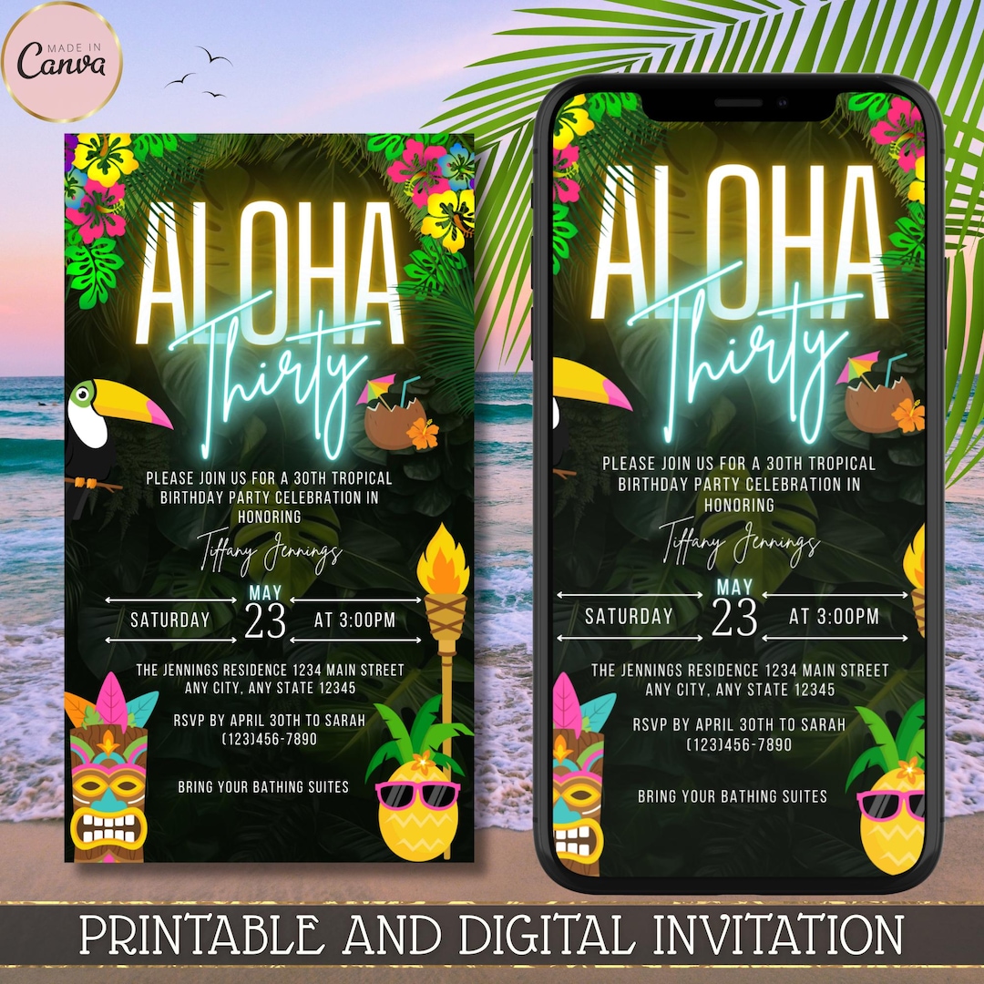 Editable Aloha Thirty 30th Birthday Invitation, Neon Blue Tropical Luau ...