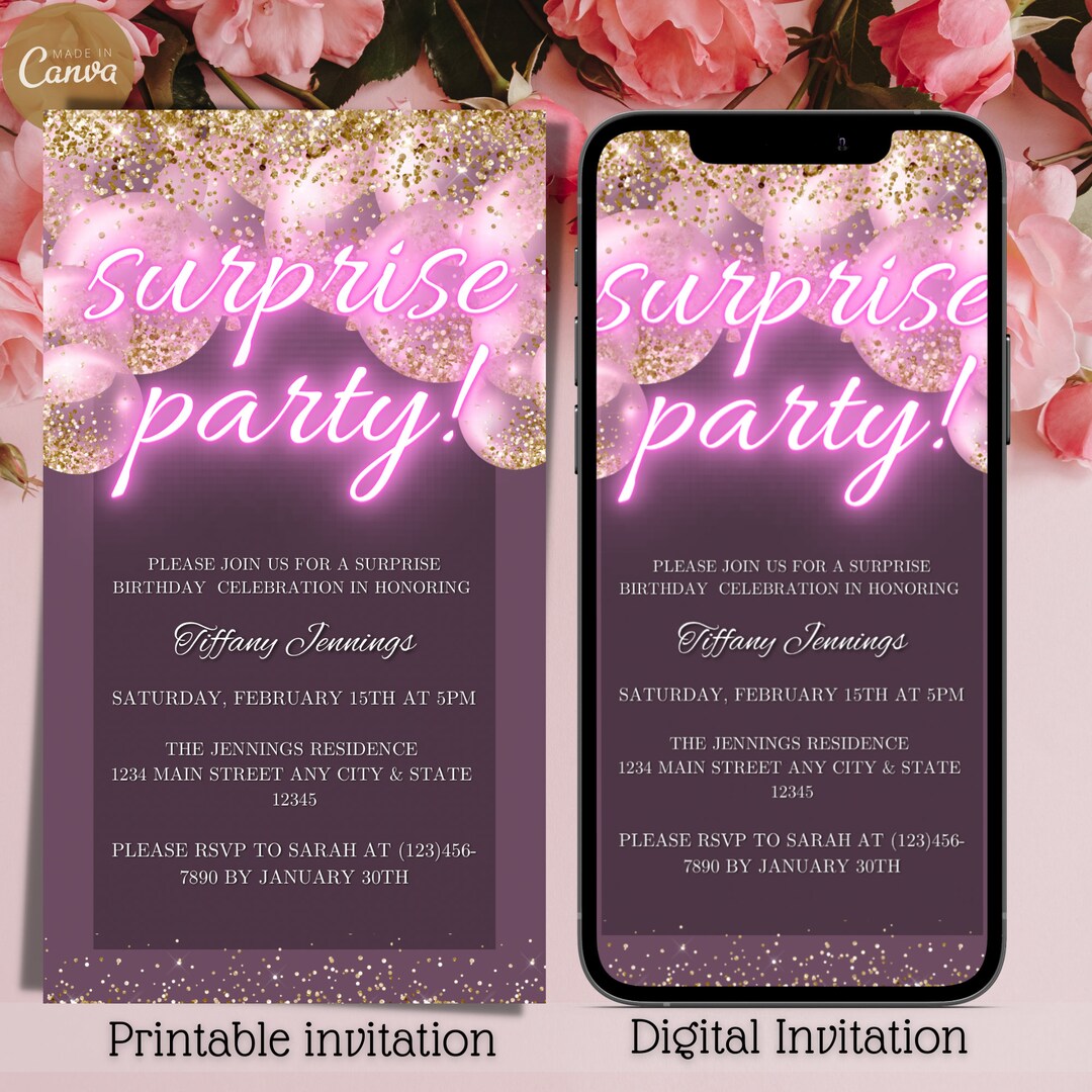Digital Birthday Surprise Party Invitation, Electronic Pink Gold ...