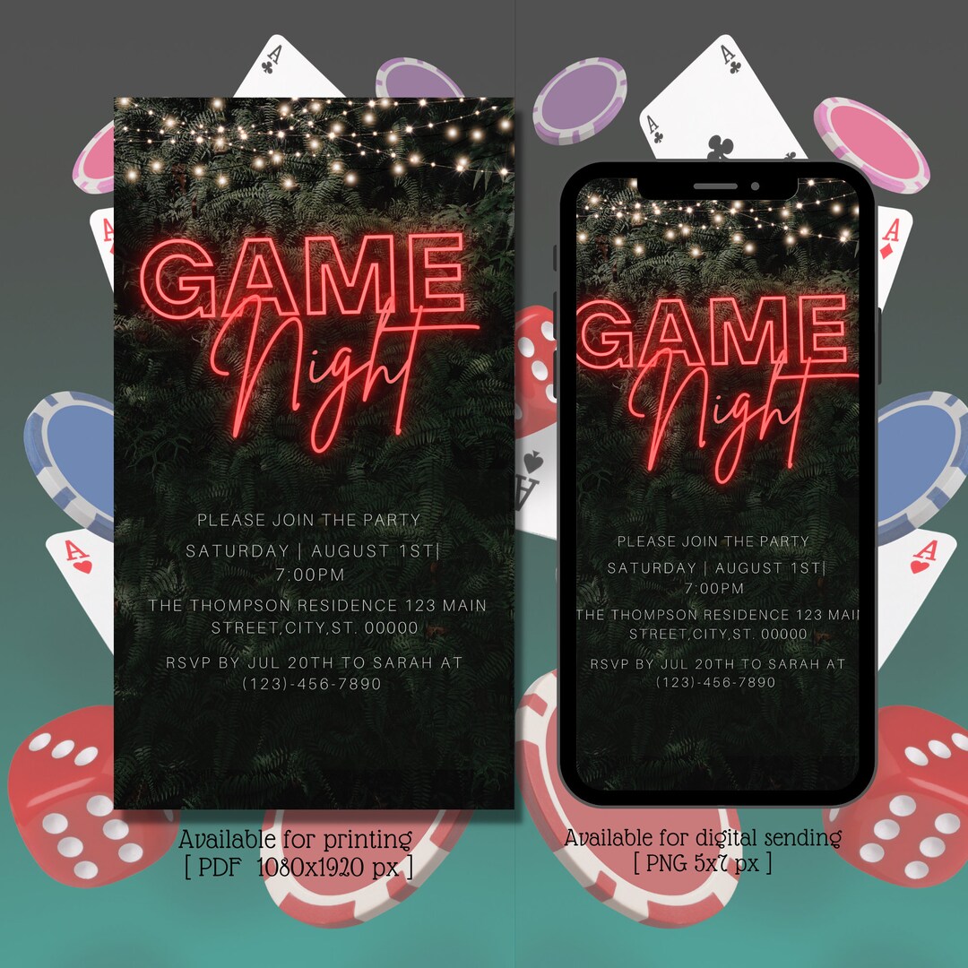 Game Night Digital Neon Red Invitation, Greenery, Family Game Night ...