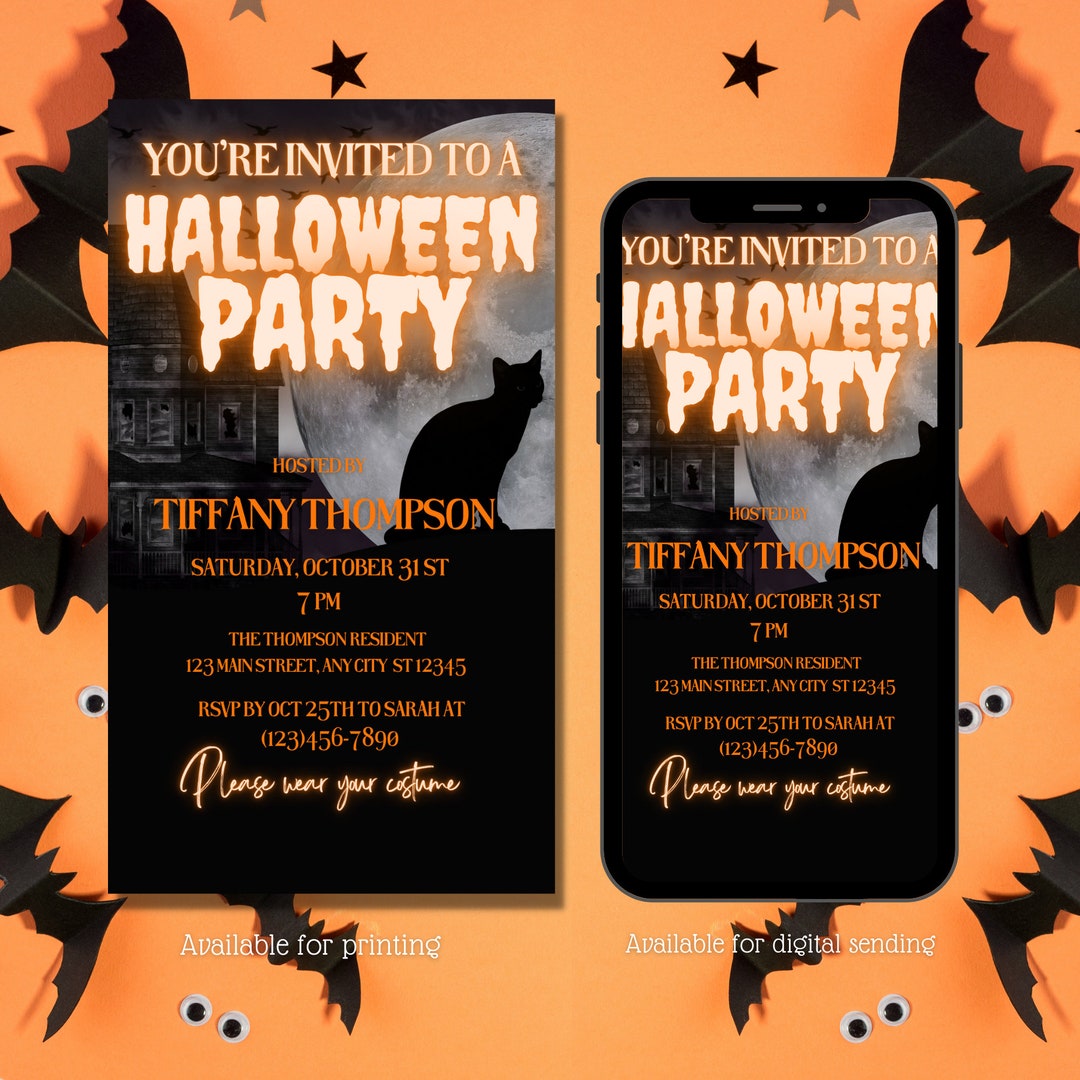 Digital Haunted House Halloween Party Invitation, Neon Orange, Any Age ...