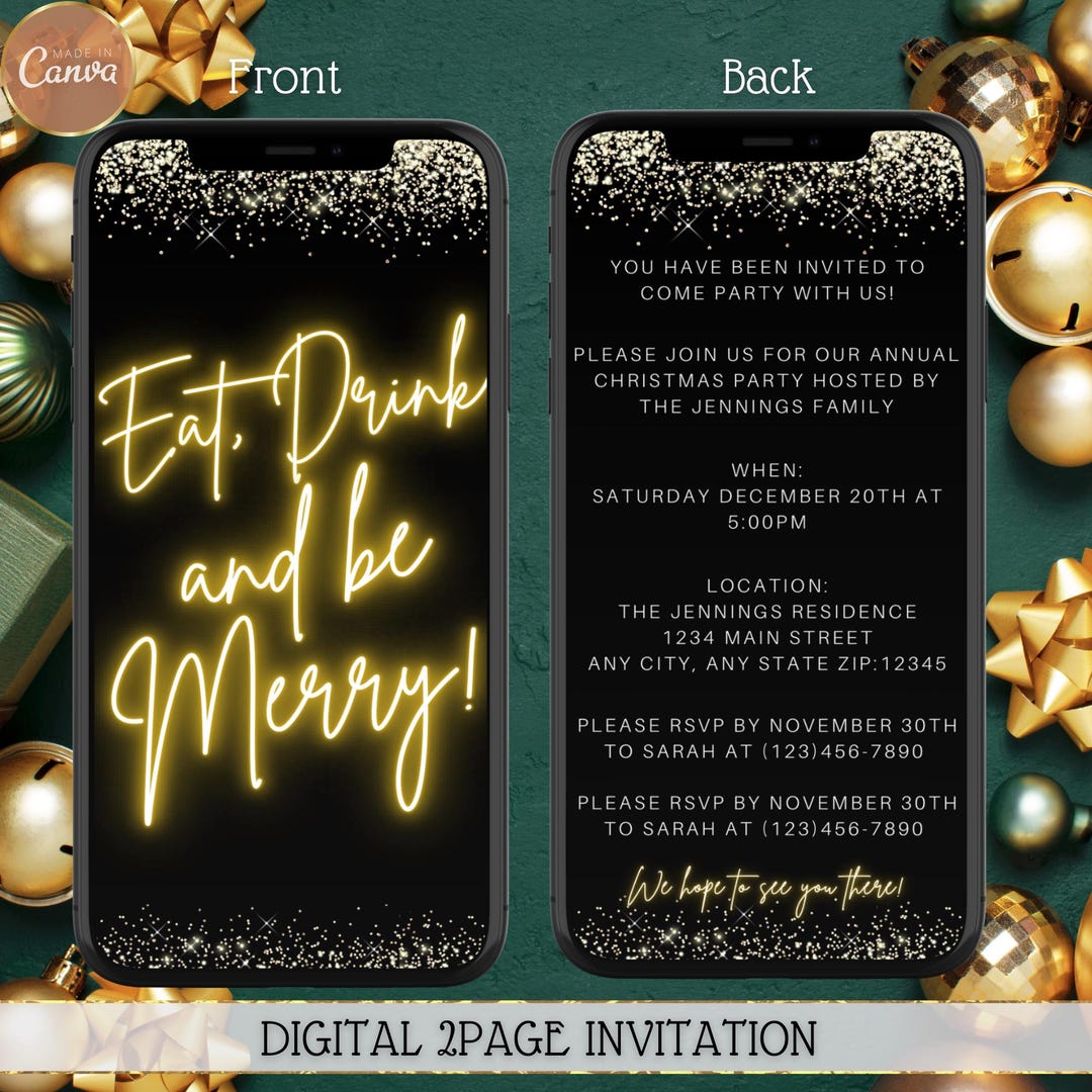 Digital Christmas Party Invitation, Eat Drink and Be Merry, Electronic ...