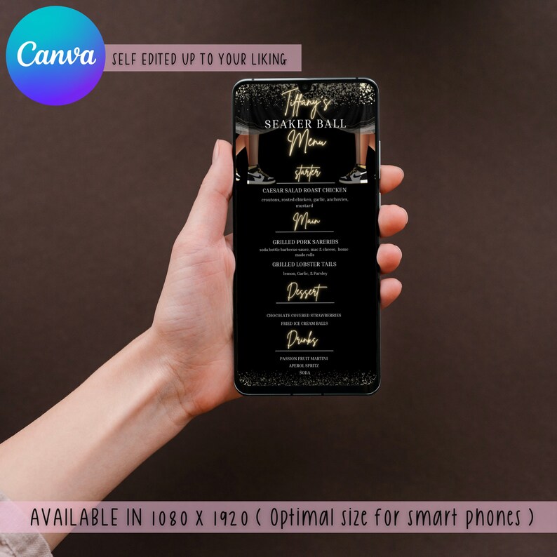 Editable Sneaker Ball Menu Card, Sneaker Gala Dinner and Drinks Menu ...