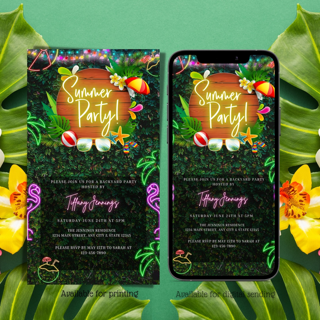 Digital Tropical Summer Party Invitation, Electronic Tropical Neon ...