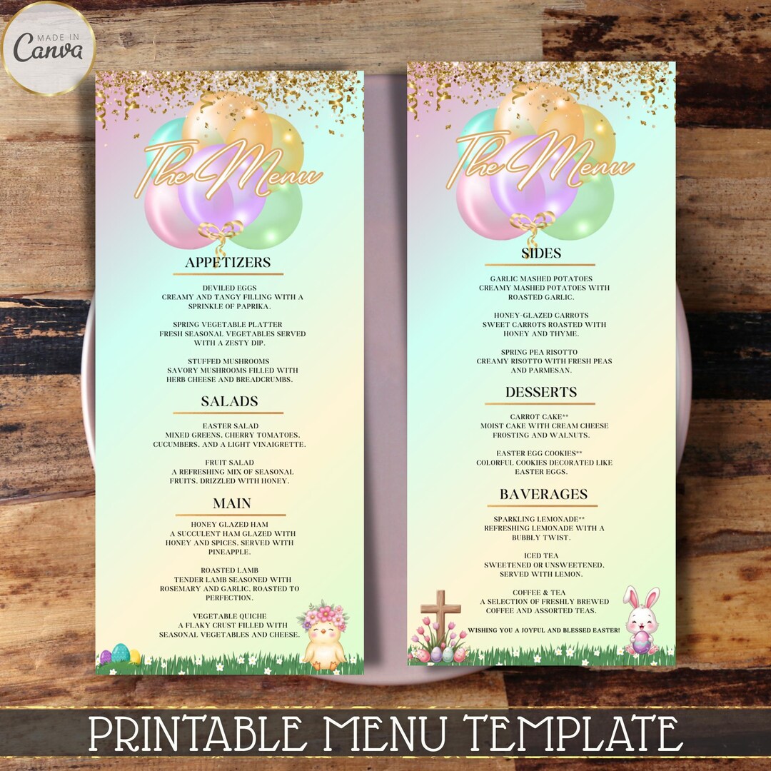 Printable Easter Menu Template, Easter Brunch Menu, Pastel & Balloons ...