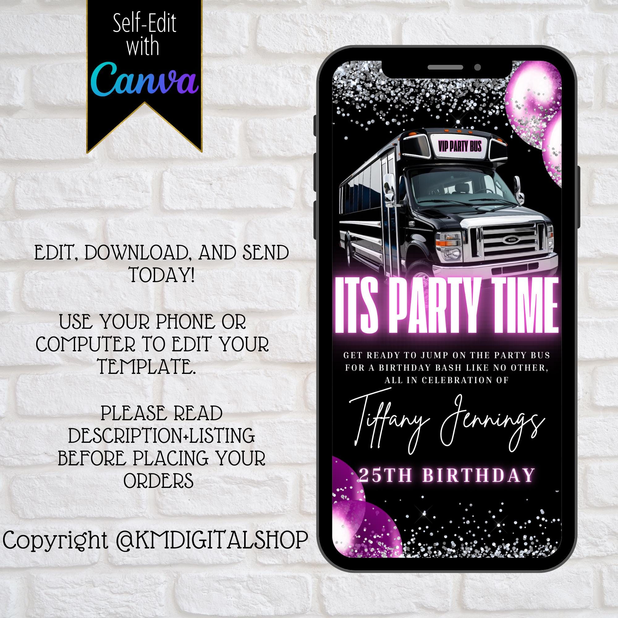 Electronic VIP Party Bus Birthday Invitation, Limo Party Invite, Girl's ...