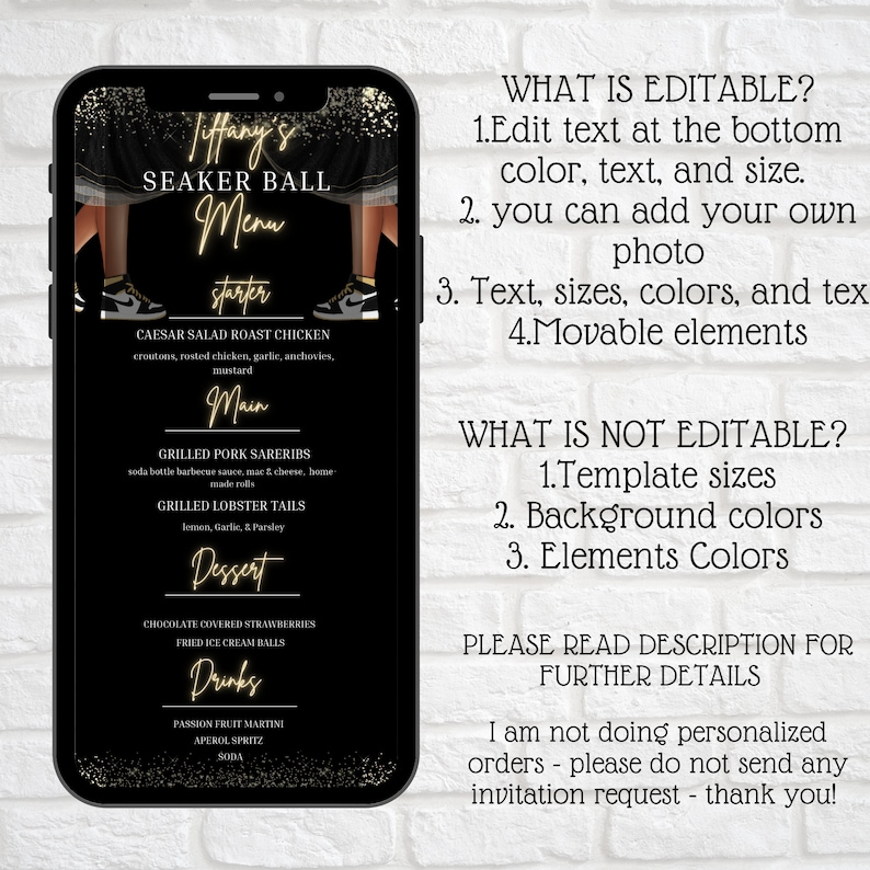 Editable Sneaker Ball Menu Card, Sneaker Gala Dinner and Drinks Menu ...