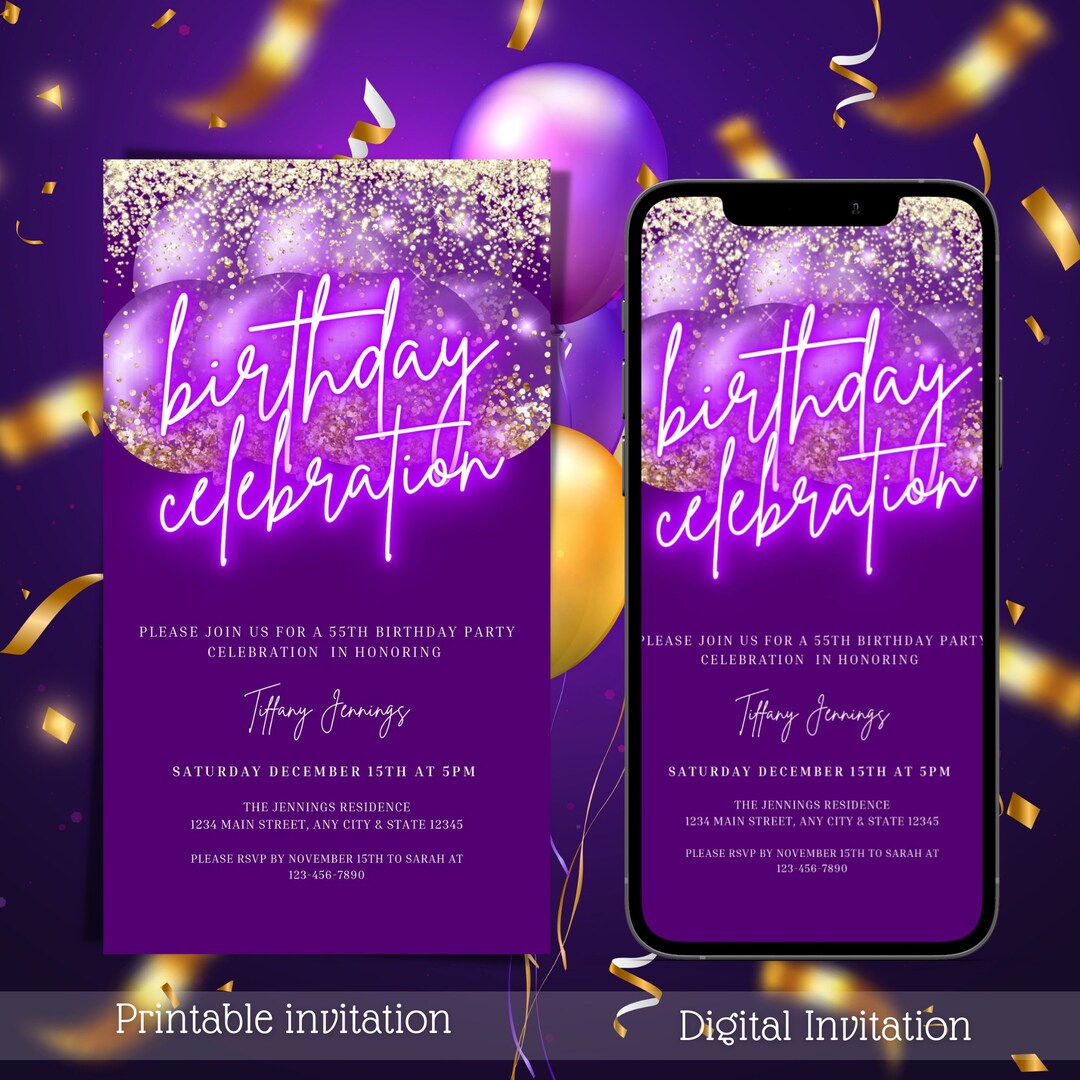 Digital Birthday Celebration Invitation, Electronic Purple Gold ...