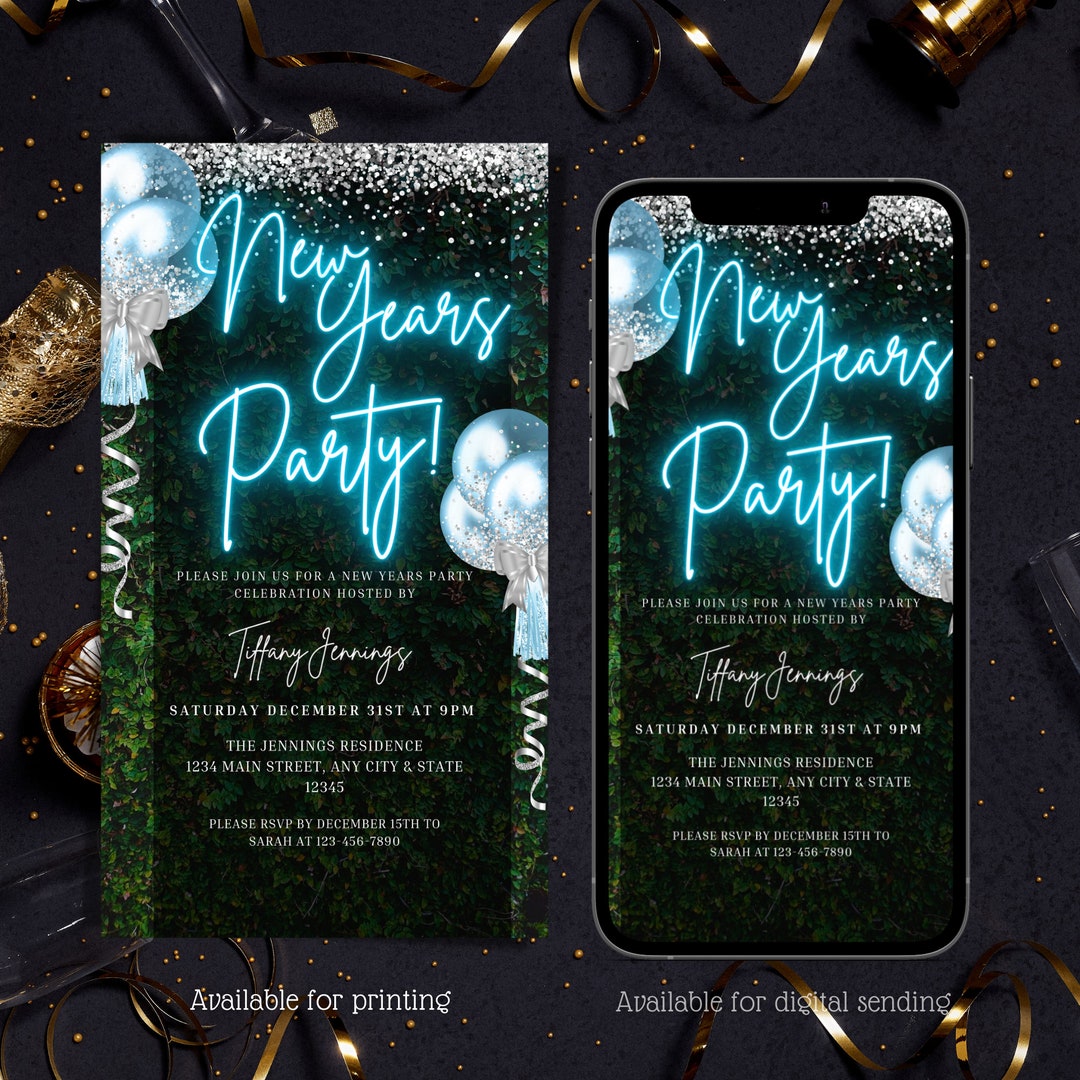 Digital Blue Silver Greenery Balloon New Year's Eve Party Invitation ...