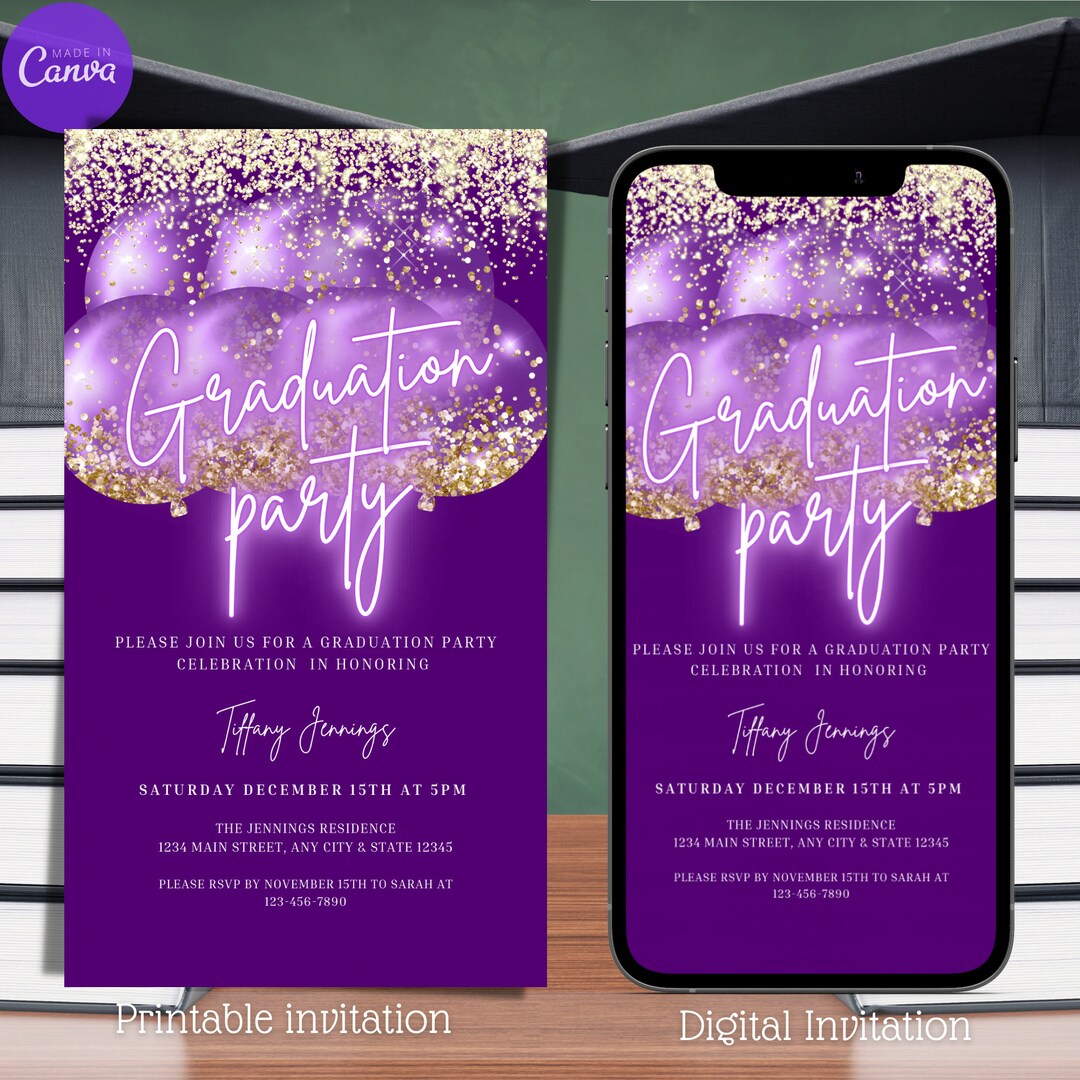 Digital Graduation Party Invitation, Electronic Purple Gold Balloons ...