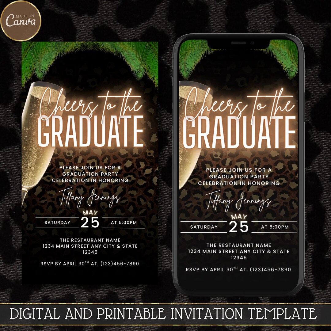 Editable Cheers to the Graduate Invitation, Leopard Print Graduation ...