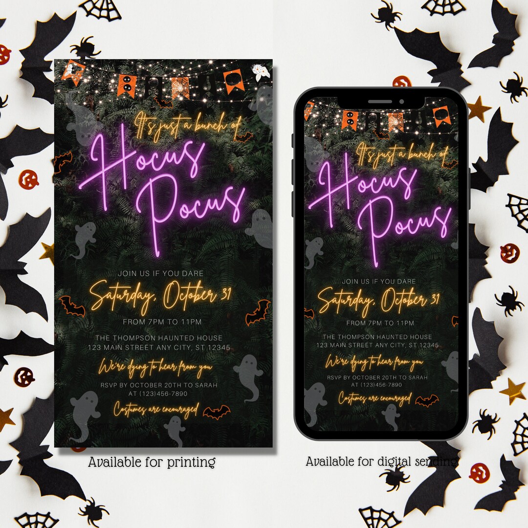 Digital Just a Bunch of Hocus Pocus Halloween Invitation, Neon Greenery ...