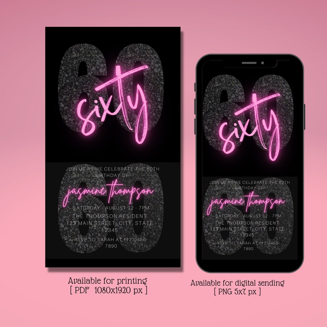 Digital Pink Neon 60th Birthday Invitation, Glitter, Electronic ...