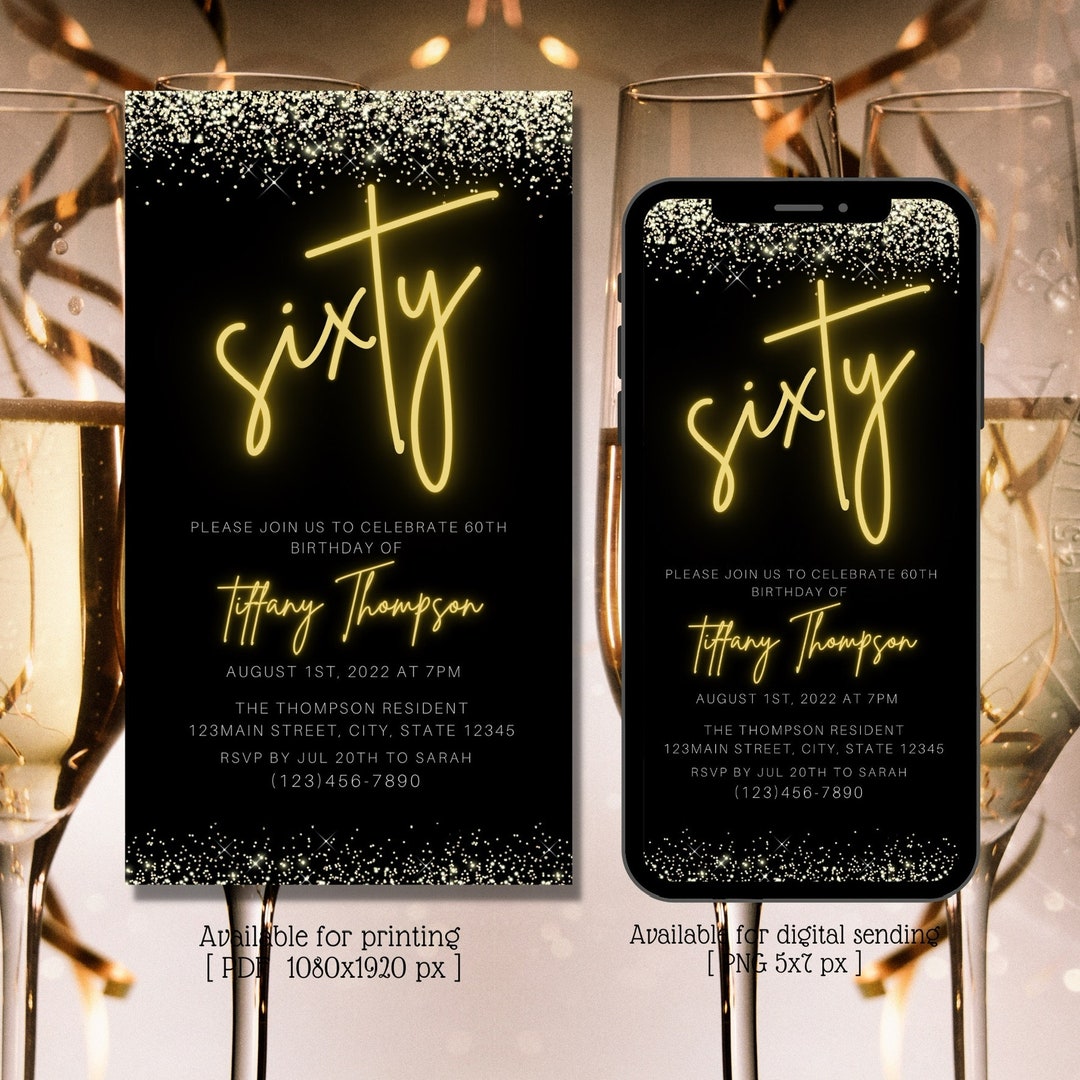 60th Digital Gold Neon Birthday Invitation, Electronic Birthday Party ...