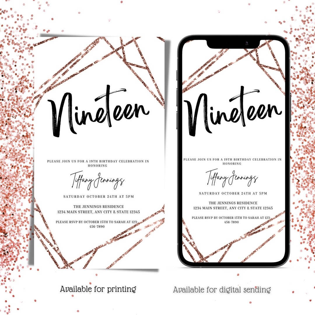 Electronic 19th Birthday Invitation, Digital 19th Birthday Invite, Rose ...