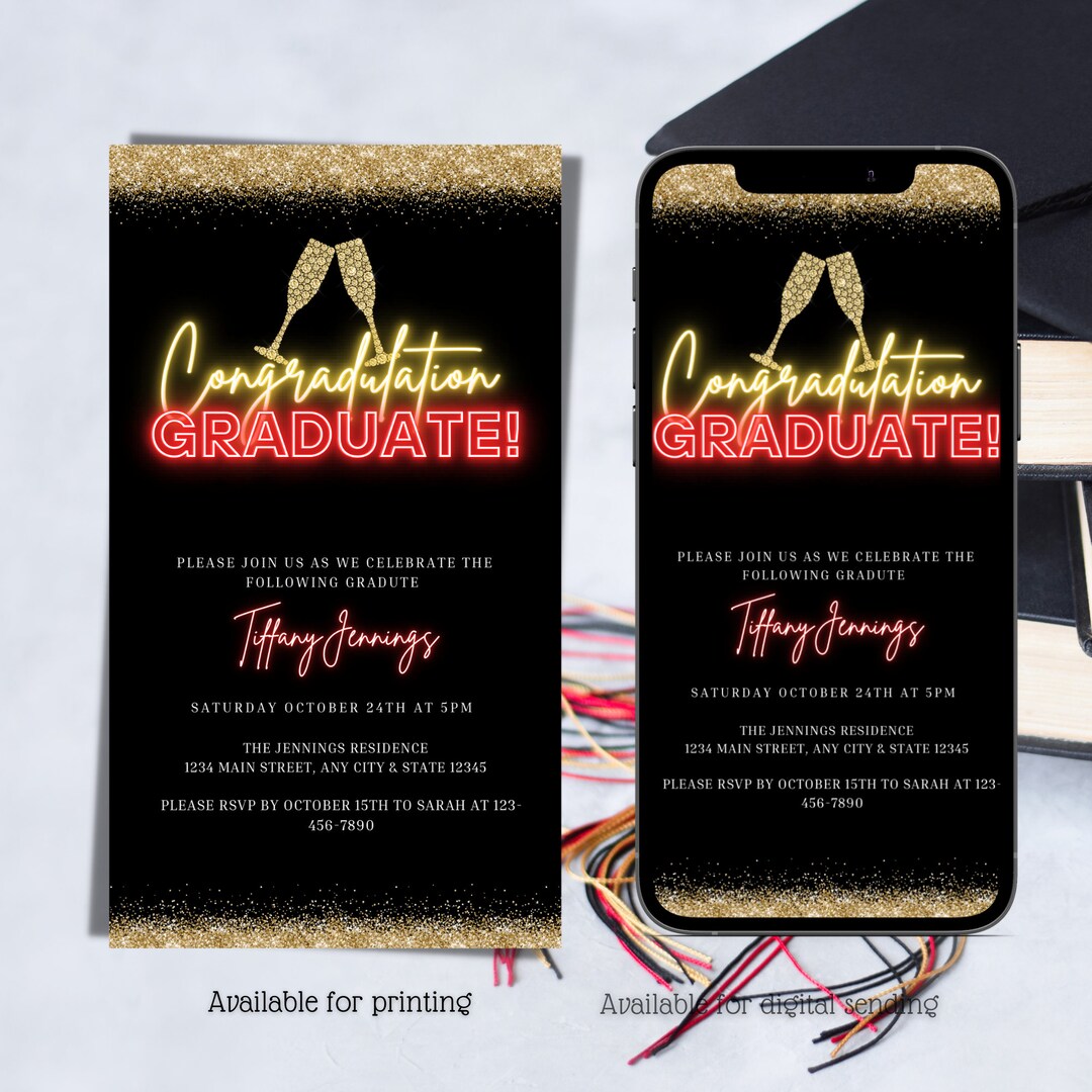Electronic Neon Red and Gold Class of 2023 Graduation Party Invitation ...