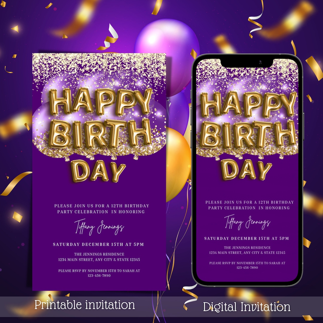 Electronic Birthday Party Invitation, Digital Happy Birthday Purple ...