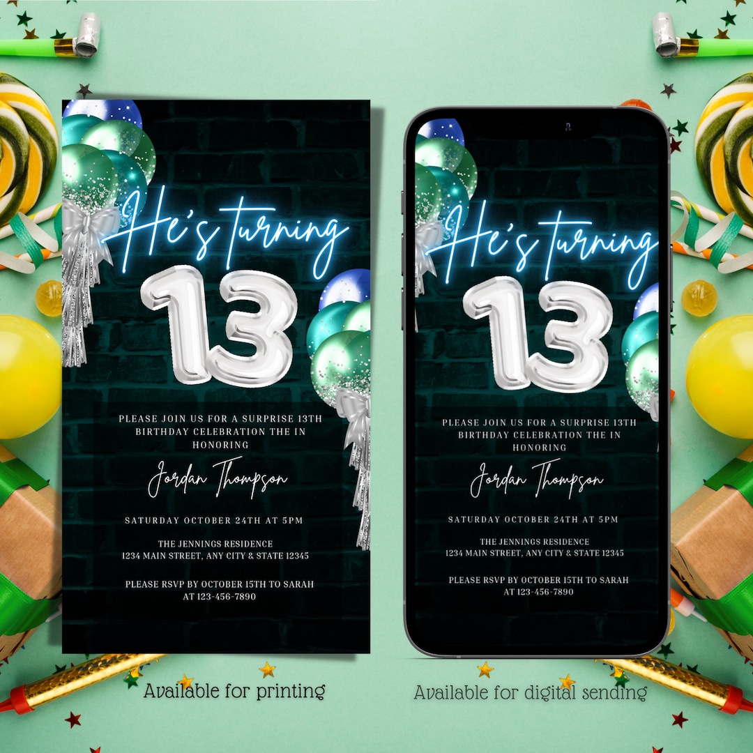 Digital Neon 13th Birthday Party Invitation, Electronic Teen Boy Glow ...