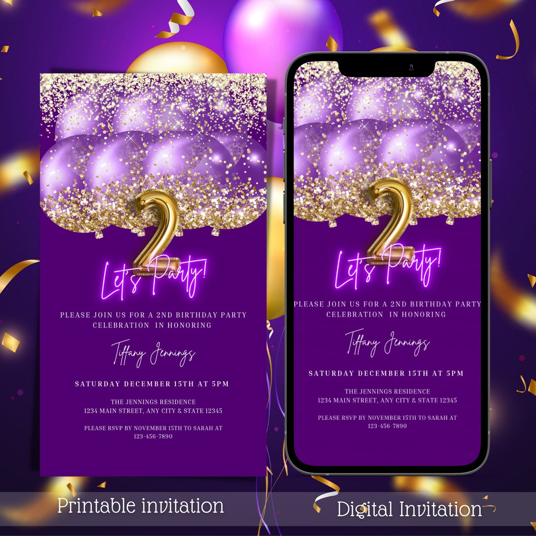Digital 2nd Birthday Party Invitation, Electronic 2nd Purple Gold ...