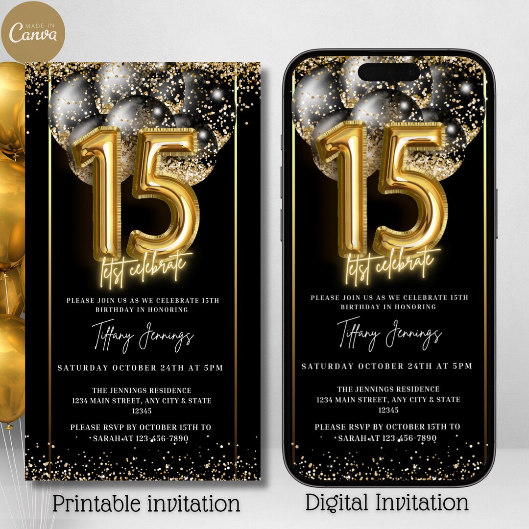 15th Birthday Party Invitation, Digital Black Gold Balloons Birthday ...