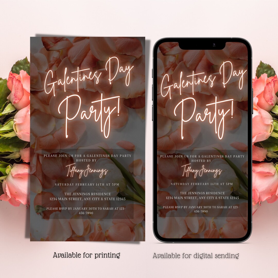 Electronic Floral Neon Rose Gold Galentines Day Party Invitation ...