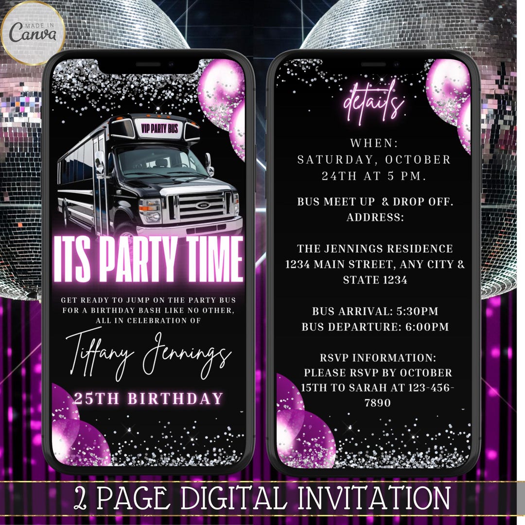 Electronic VIP Party Bus Birthday Invitation, Limo Party Invite, Girl's ...
