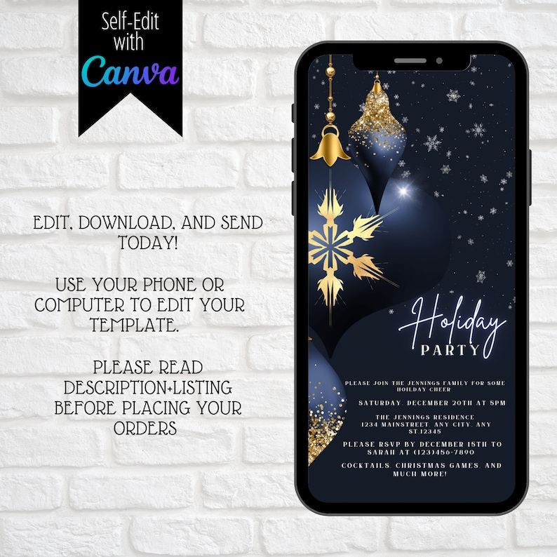 Digital Christmas Party Invitation, Holiday Party Invite, Blue Gold ...