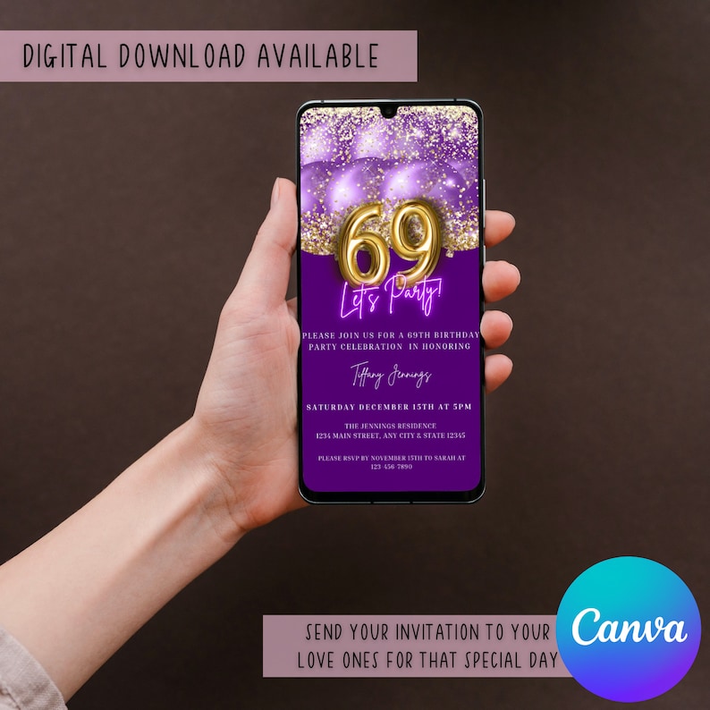 Digital 69th Birthday Invitation, Electronic 69th Birthday Party Invite ...