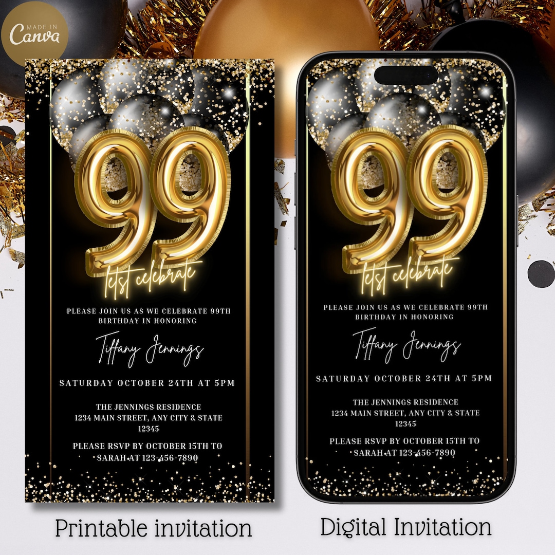 Electronic 99th Birthday Party Invitation, Digital Black Gold Balloons ...