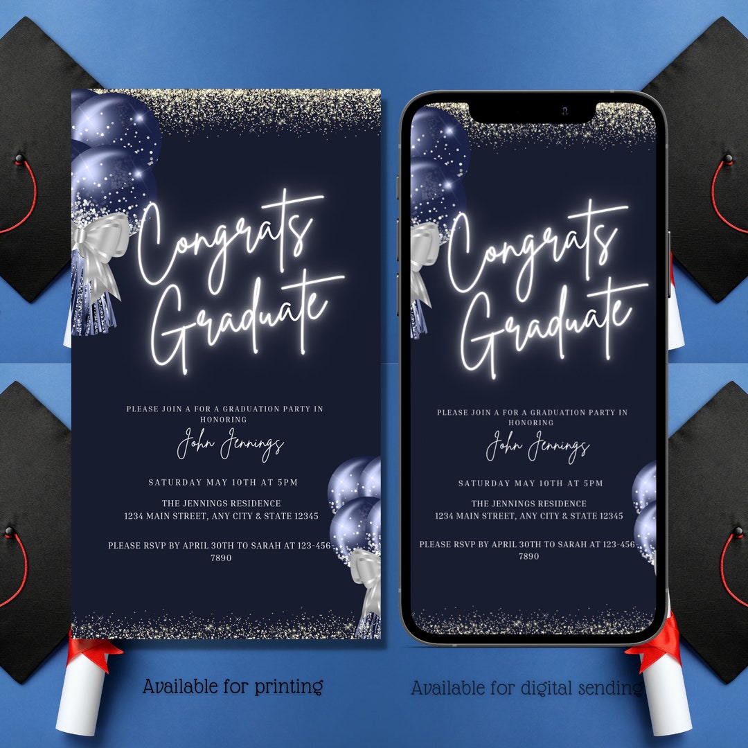 Digital Graduation Party Invitation, Electronic Invite, Navy Blue and ...
