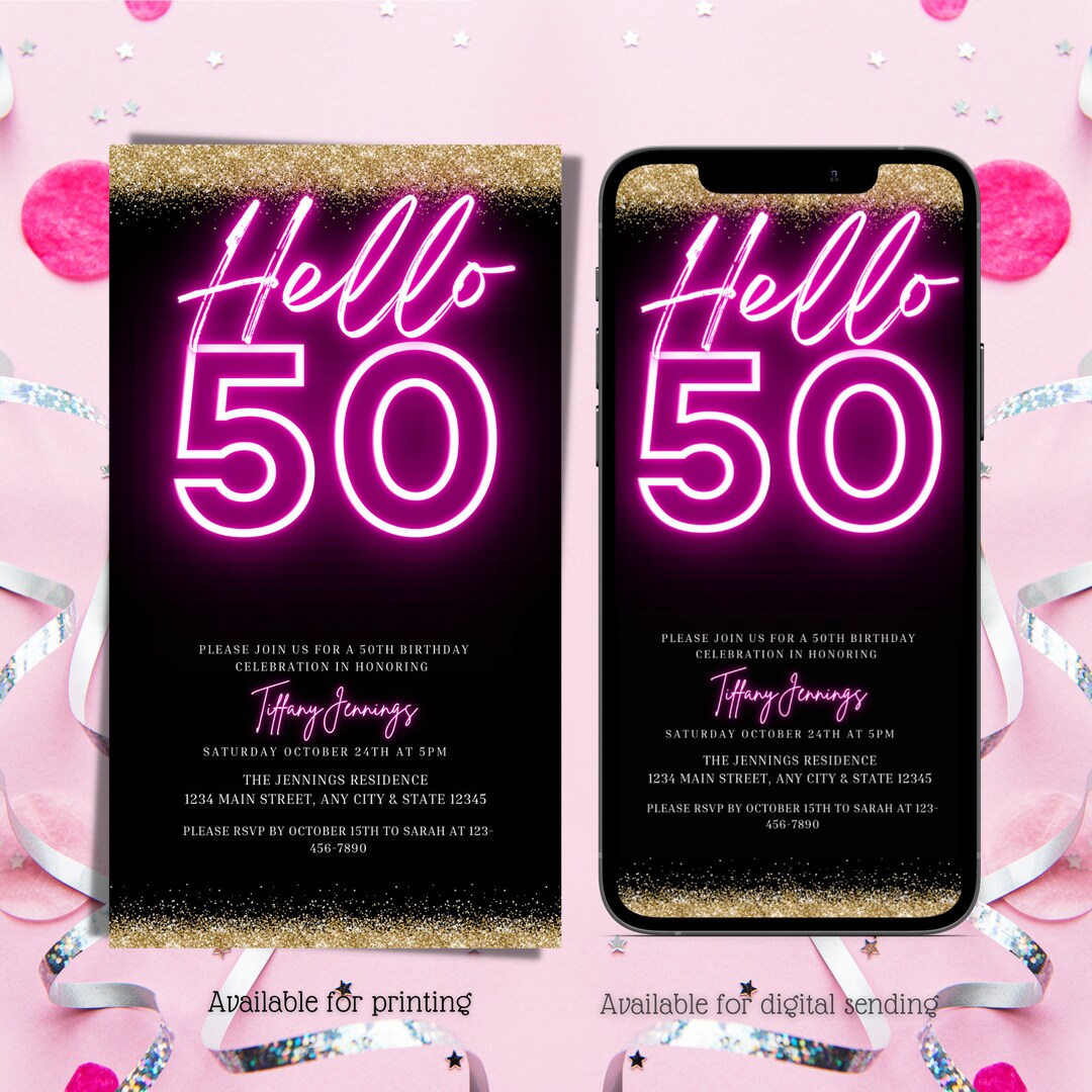 Electronic Neon Pink and Gold Hello 50th Birthday Invitation, Digital ...