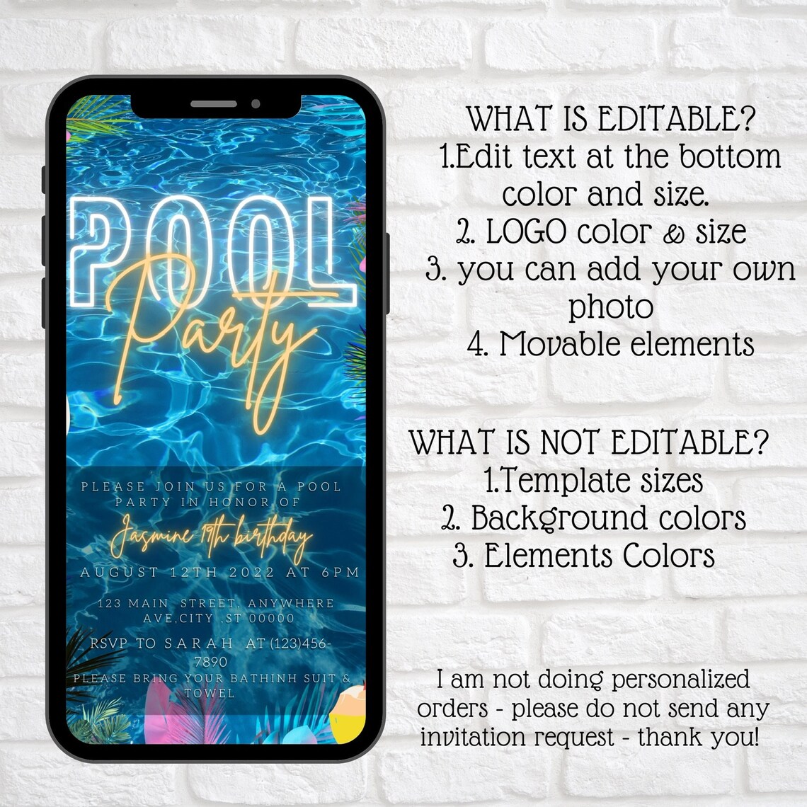 Pool Party Text Birthday Invitation Digital Tropical Invite - Etsy