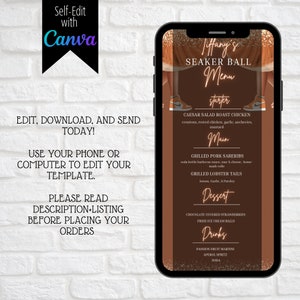 Editable Sneaker Ball Menu Card, Sneaker Dinner and Drinks Menu Card ...
