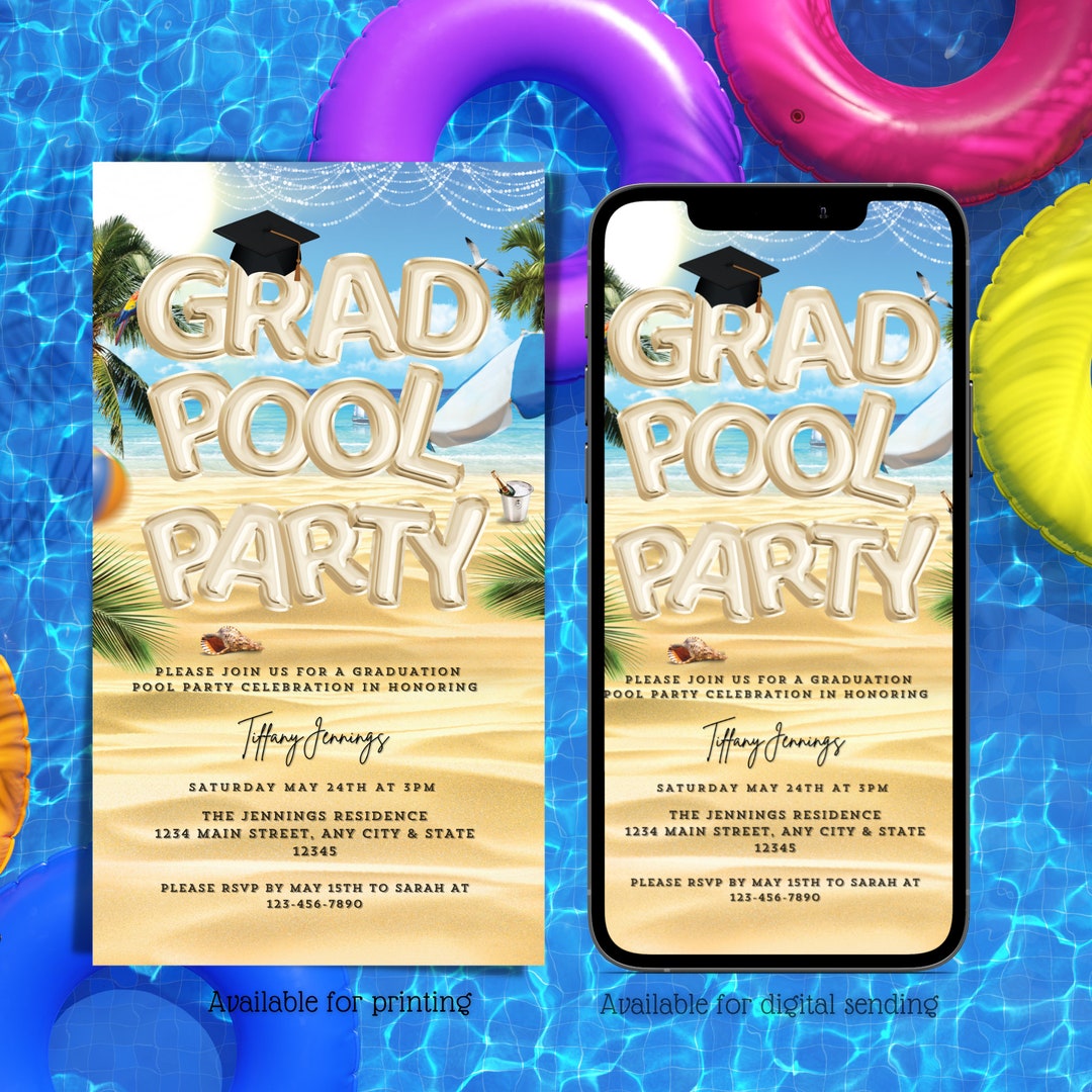 Digital Grad Pool Party Invitation, Electronic Graduation Pool Party ...