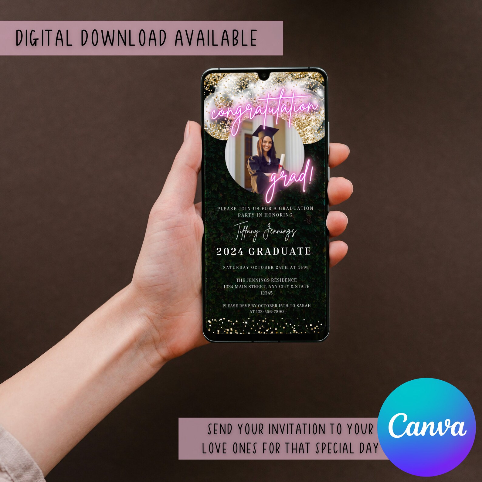 Digital Graduation Party Invitation, Electronic Neon Pink Greenery ...