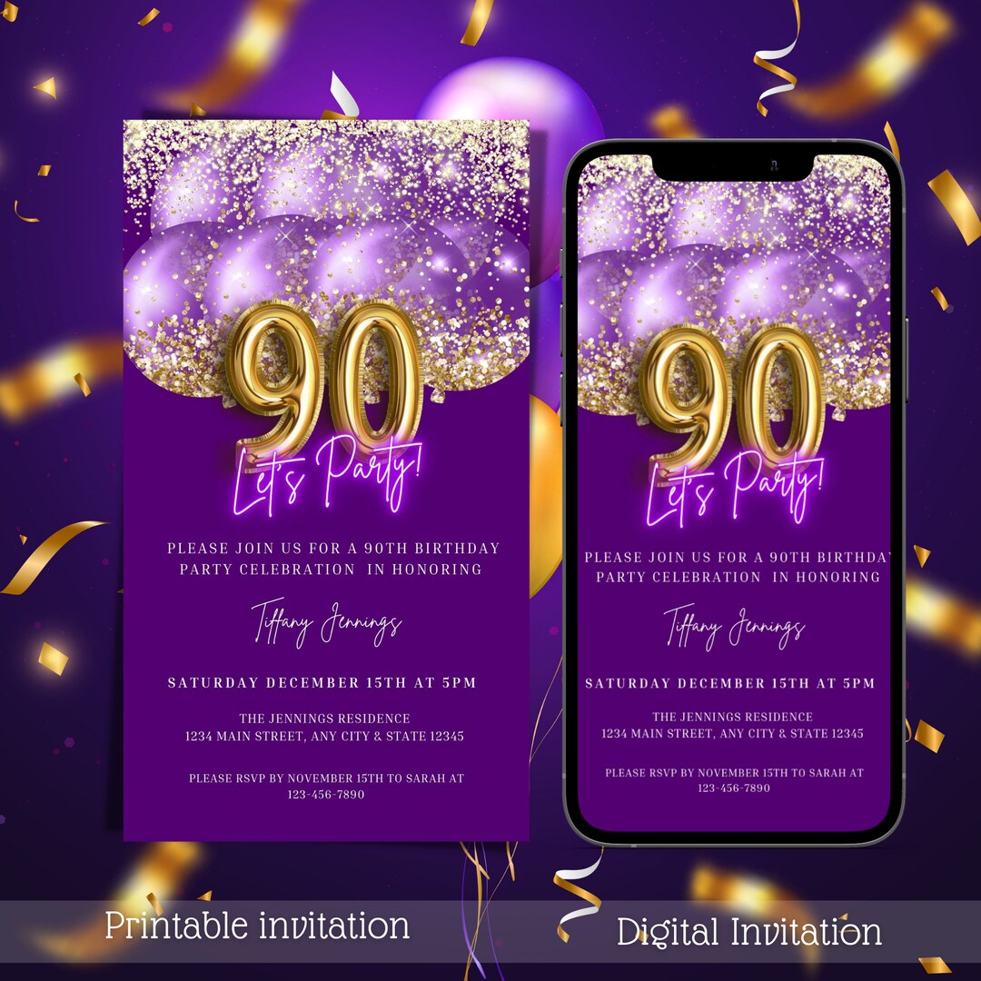 Electronic 90th Purple Gold Birthday Party Invitation, Digital 90th ...