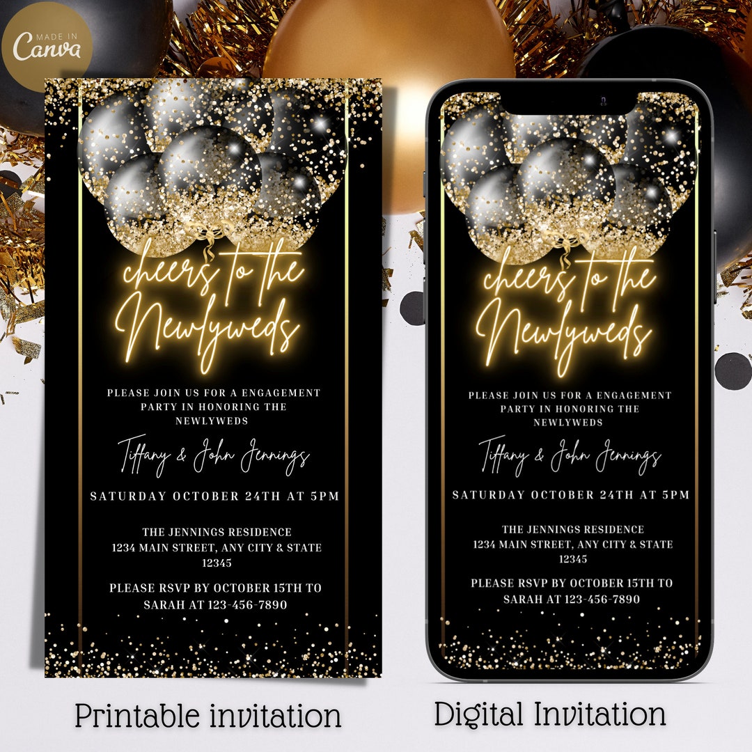 Digital Engagement Party Invitation, Electronic Black Gold Balloons ...