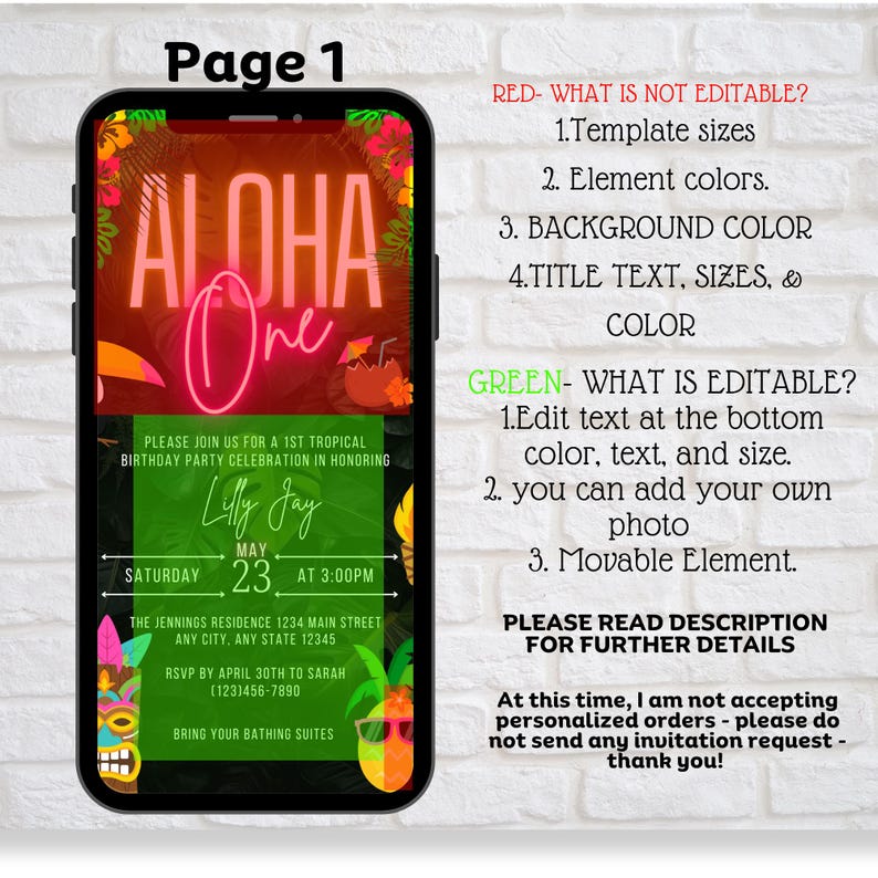 Editable Aloha One 1st Birthday Digital Invitation, Neon Pink Tropical ...