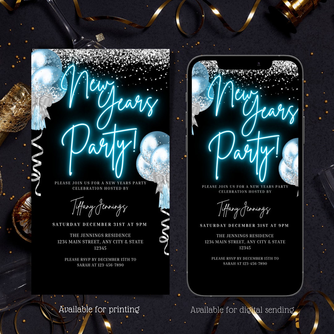 Digital New Years Party Invitation, Electronic Blue and Silver ...