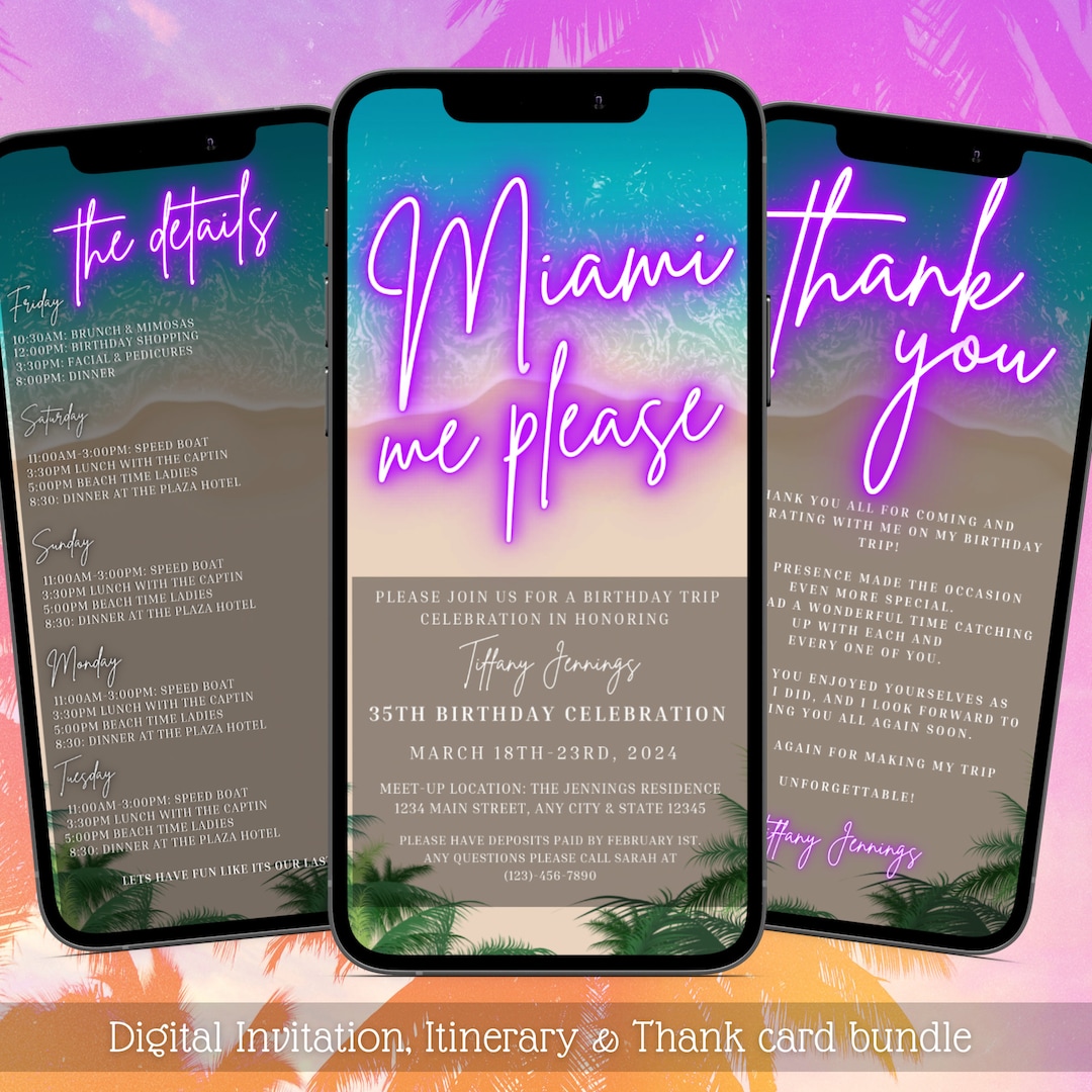 Digital Miami Birthday Trip Itinerary Invitation, Electronic Purple ...