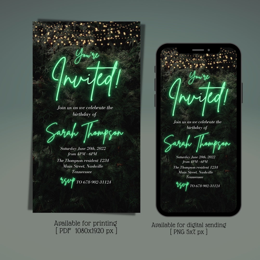 You’re Invited Neon Green Invitation, Greenery Electronic Birthday ...