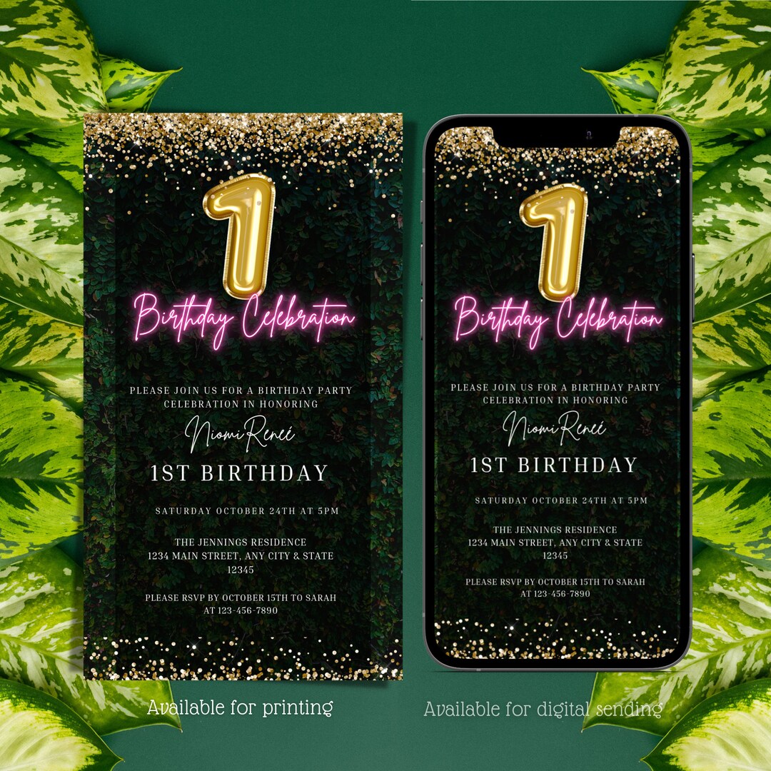 Digital 1st Birthday Invitation, Electronic Neon Pink Gold Greenery ...